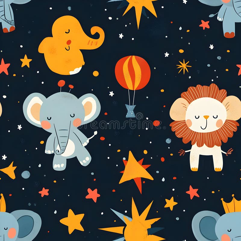Colorful Illustration Featuring Cute Animals and Stars in a Night Sky ...