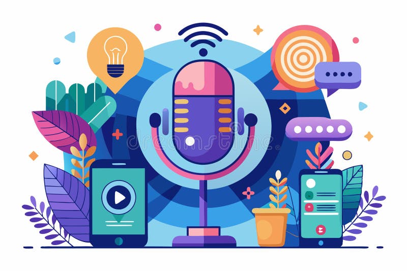 A Colorful Illustration Featuring a Microphone and Smartphones ...