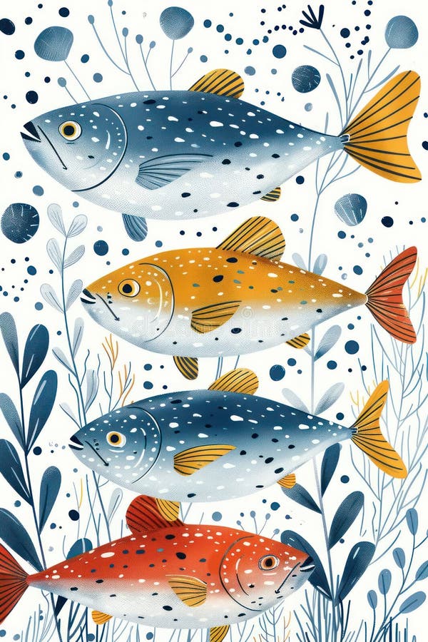Vibrant Illustration of Four Colorful Fish Swimming Amongst Aquatic ...