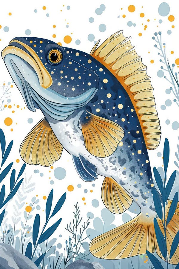 Stunning Blue and Gold Spotted Fish Underwater Illustration Stock ...