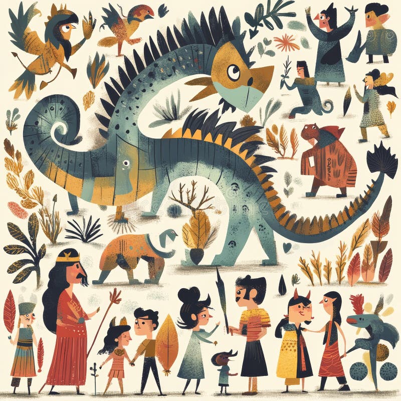 Colorful Illustration of a Friendly Dragon with a Group of Characters ...