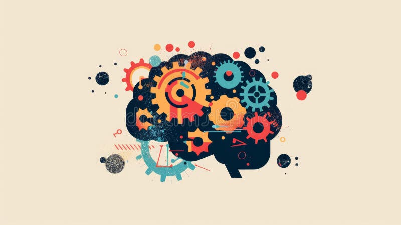 Colorful Illustration of a Human Brain Working Hard with Cogwheels ...