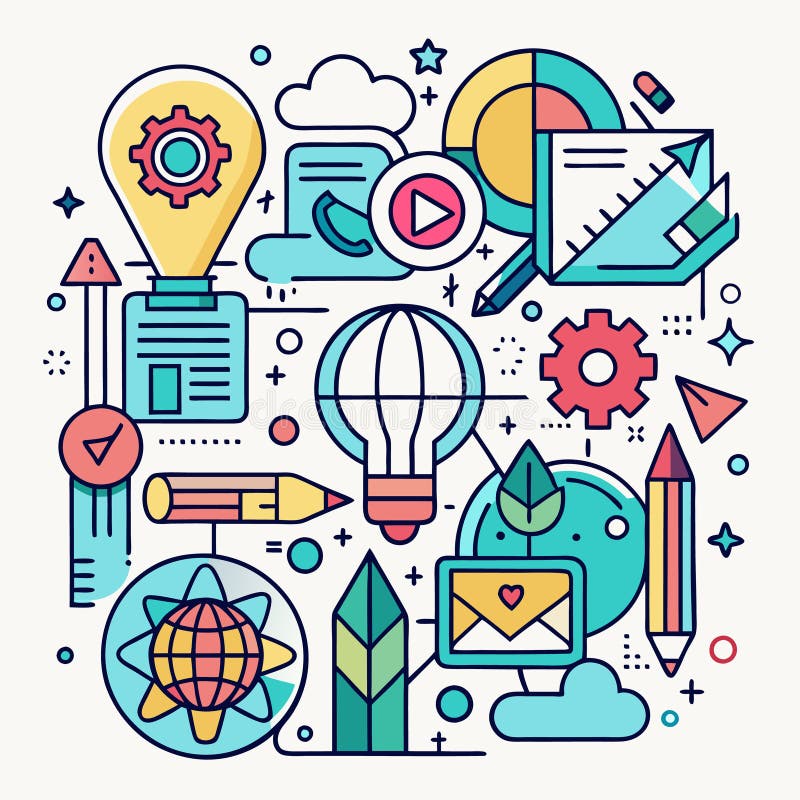 Colorful Illustration of Ideas, Innovation, Planning, and Marketing ...