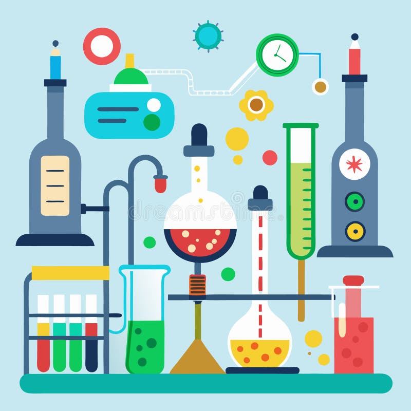 Colorful Illustration of Lab Equipment with Beakers, Flasks, and Tube ...