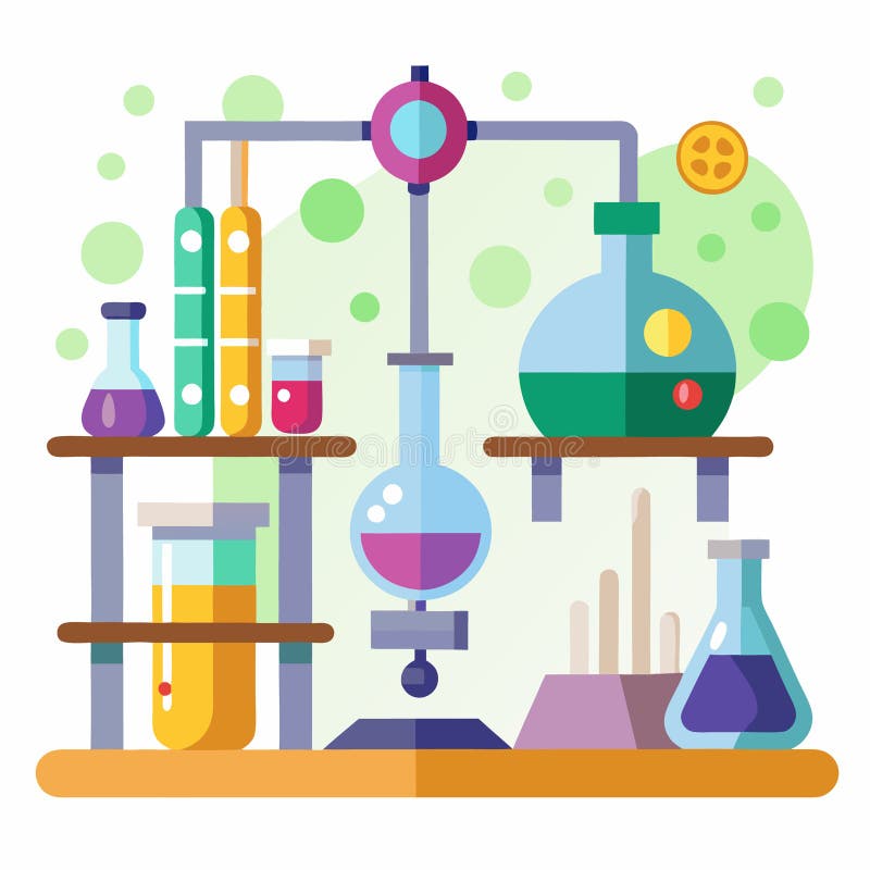 A Colorful Illustration of a Laboratory Setup with Beakers, Flasks, and ...