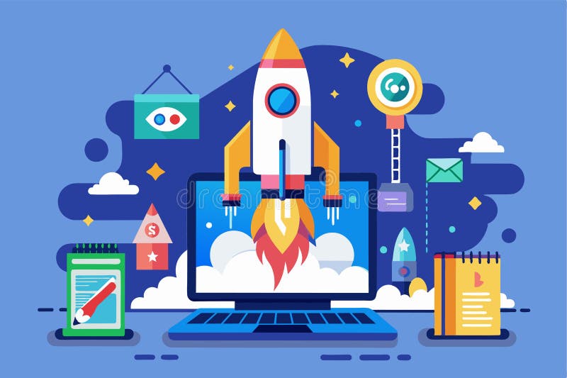 Colorful Illustration of a Laptop with a Rocket Launching from the ... Colorful Illustration of a Laptop with a Rocket Launching from the ...