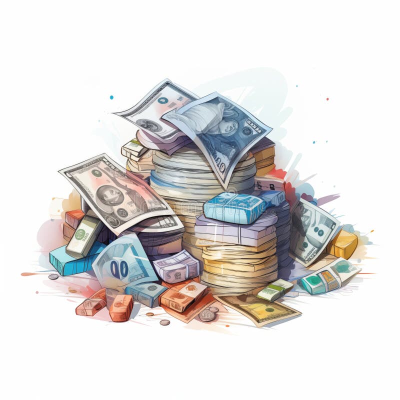 A Colorful Illustration of a Large Stack of Currency Notes and Coins ...