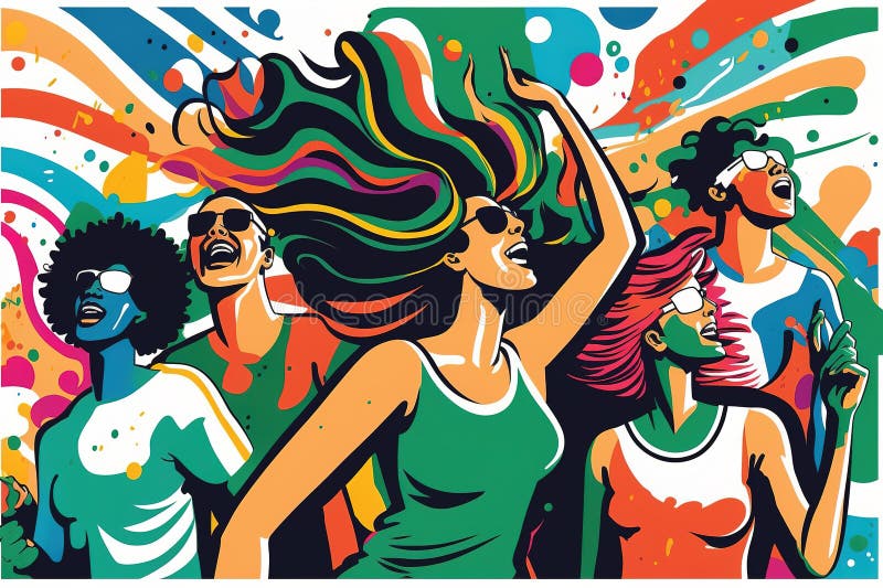 Colorful Illustration Poster of People Dancing and Having Fun. Stock ...