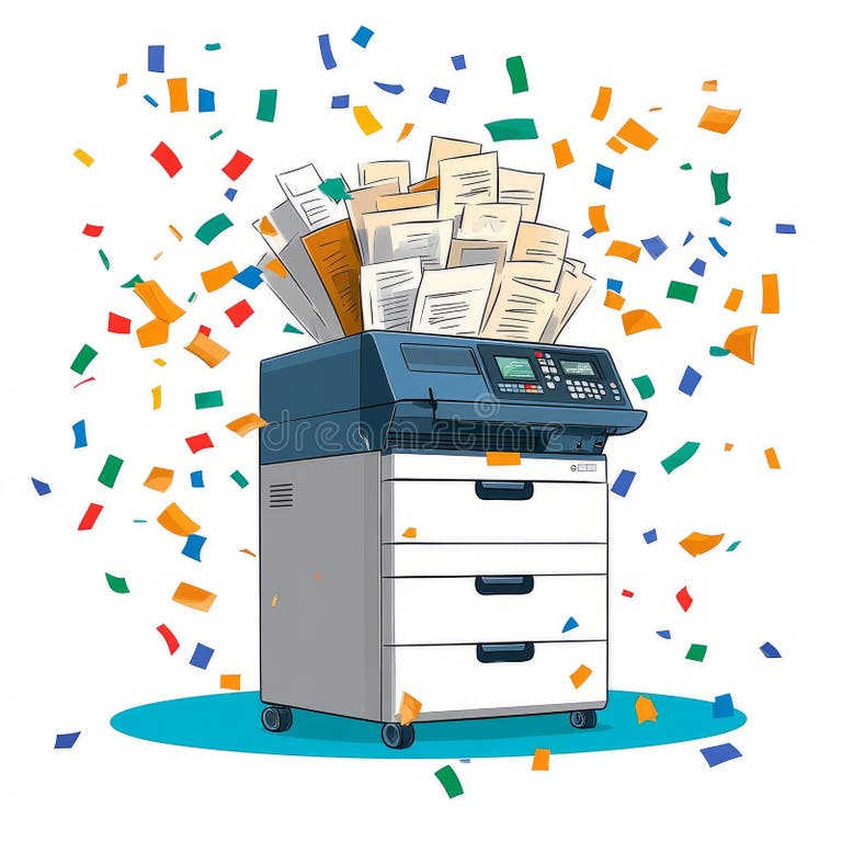 A Colorful Illustration of a Printer with Confetti and Documents ...