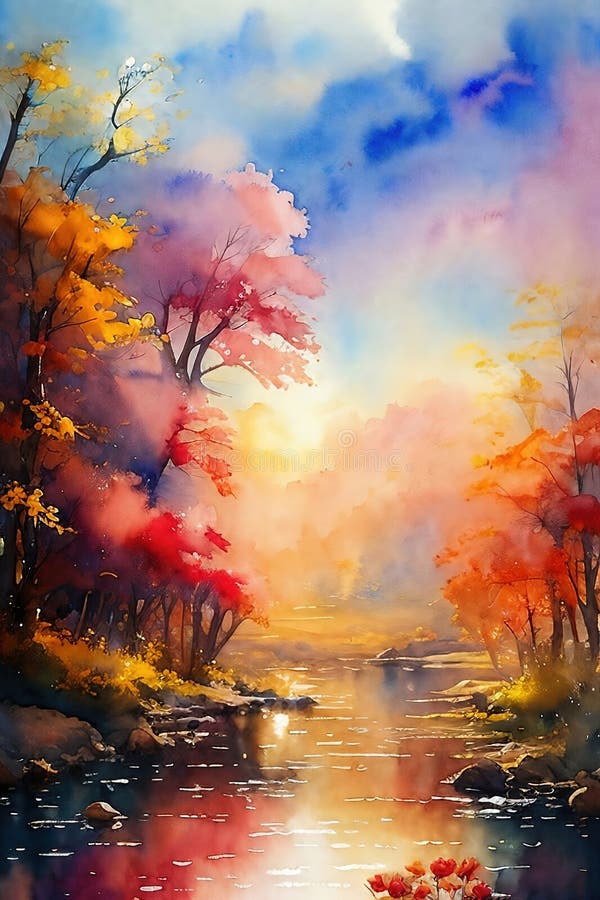 Colorful Illustration of a River. Watercolor Drawing Stock Illustration ...