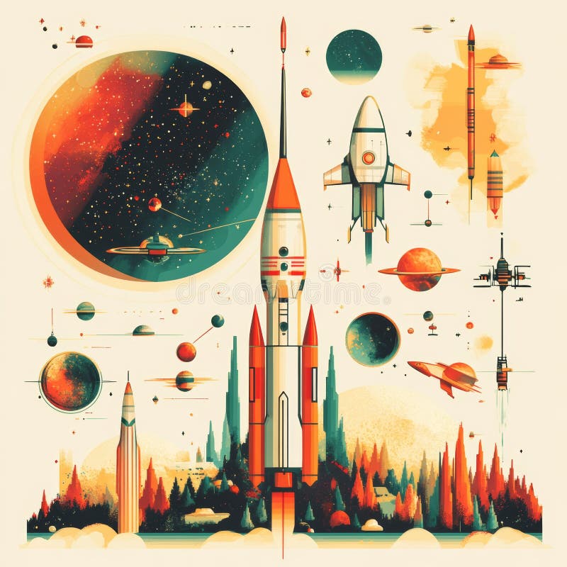 Space Exploration Rockets Planets and Stars in Retro Style Stock ...