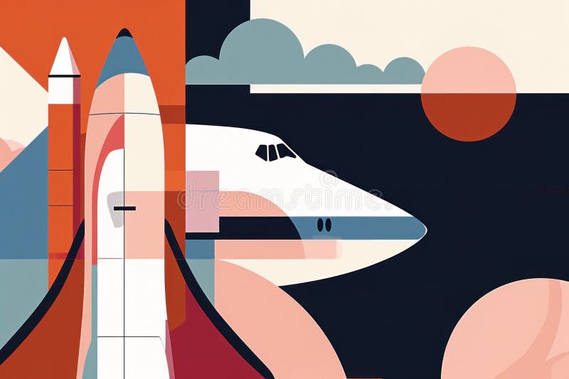 A Colorful Illustration of a Rocket Ship and Airplane in the Sky, AI ...