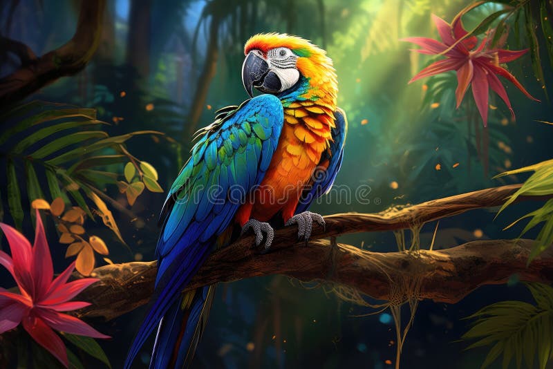 Colorful Illustration Scarlet Macaw Parrot in Jungle Stock Illustration ...
