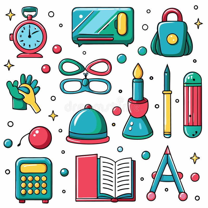 Colorful Illustration of School Supplies and Retro Items Stock Vector ...
