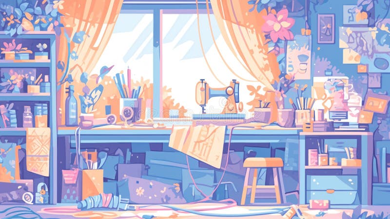 Colorful Illustration of a Sewing Room Interior Stock Illustration ...