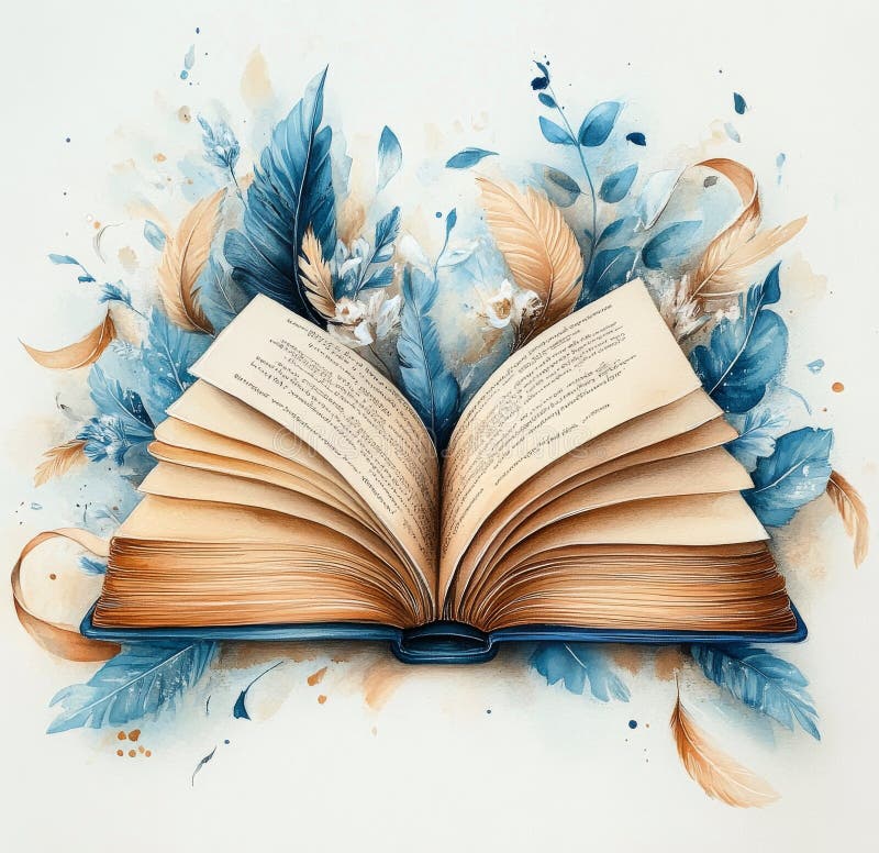 Colorful Illustration Showcasing an Open Book with Floating Feathers in ...