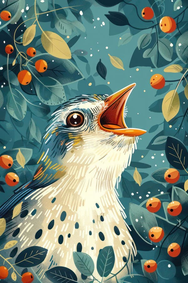 Charming Baby Bird Singing Amongst Berries and Leaves Stock ...