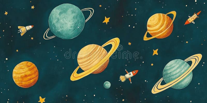 Colorful Illustration of the Solar System with Rockets and Planets in a ...