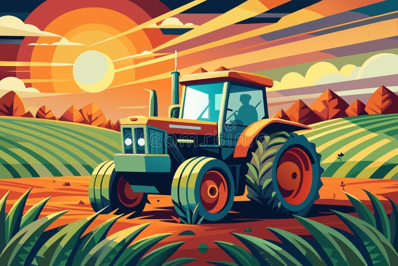 Colorful Illustration of a Tractor Plowing the Fields at Sunset with a ...