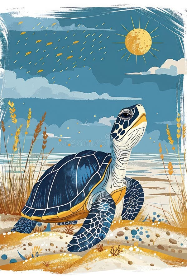 Serene Sea Turtle on Sandy Beach Under Sunny Sky Stock Illustration ...