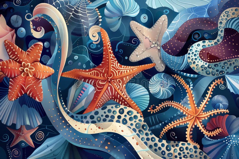 Colorful Illustration of Underwater Scene Featuring Starfish, Octopus ...