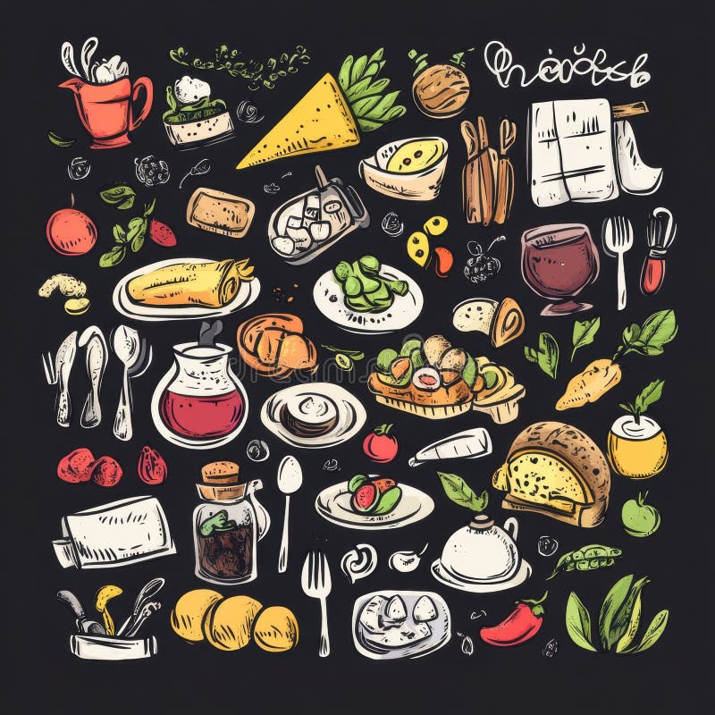 Colorful Illustration of Various Delicious Food Items and Dishes Stock ...