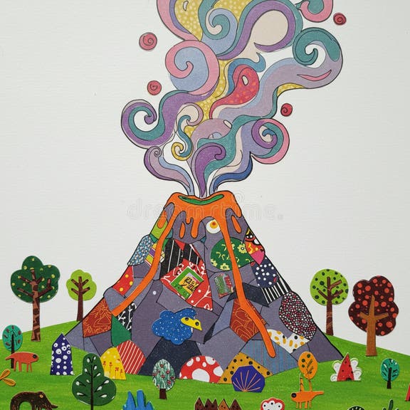 Colorful Illustration of a Volcano with a Patchwork Pattern, Featuring ...