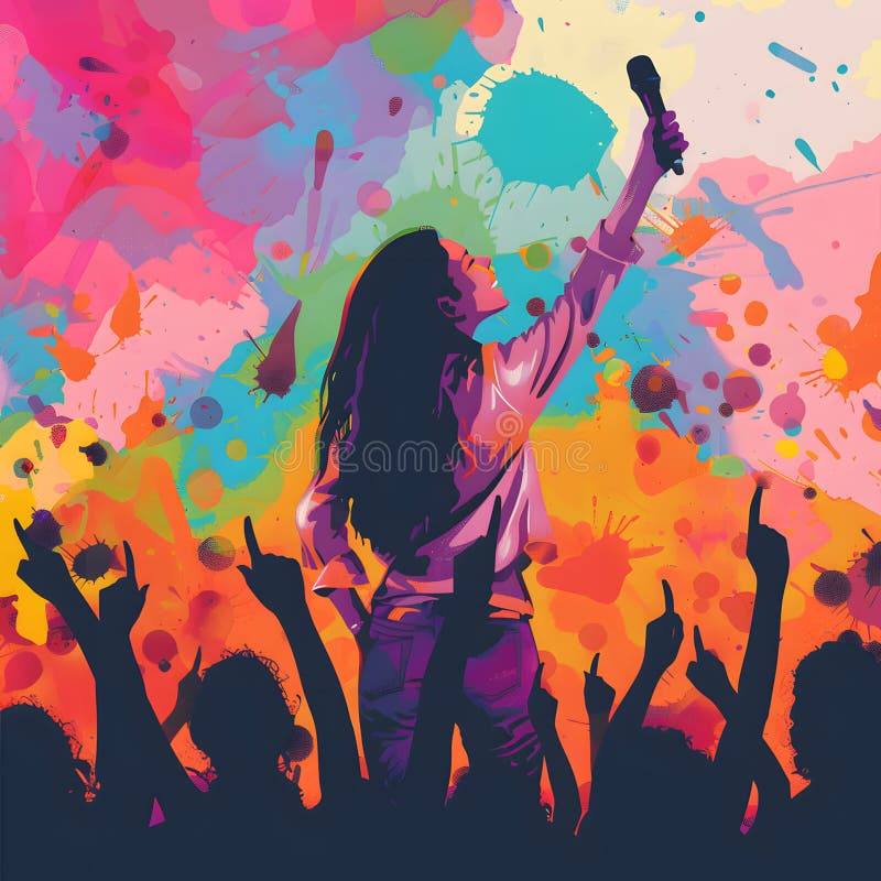 Colorful Illustration of a Woman Passionately Singing into a Microphone ...