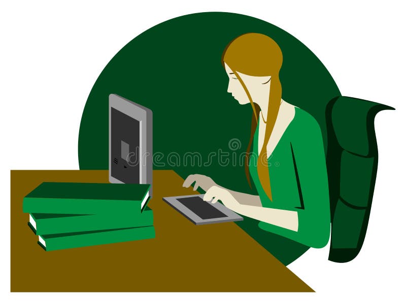 Colorful Illustration of Woman Sitting at the Computer Stock Vector ...