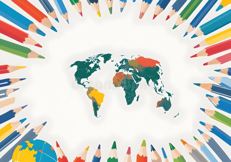 A Colorful Illustration of a World Map Surrounded by Colored Pencils ...