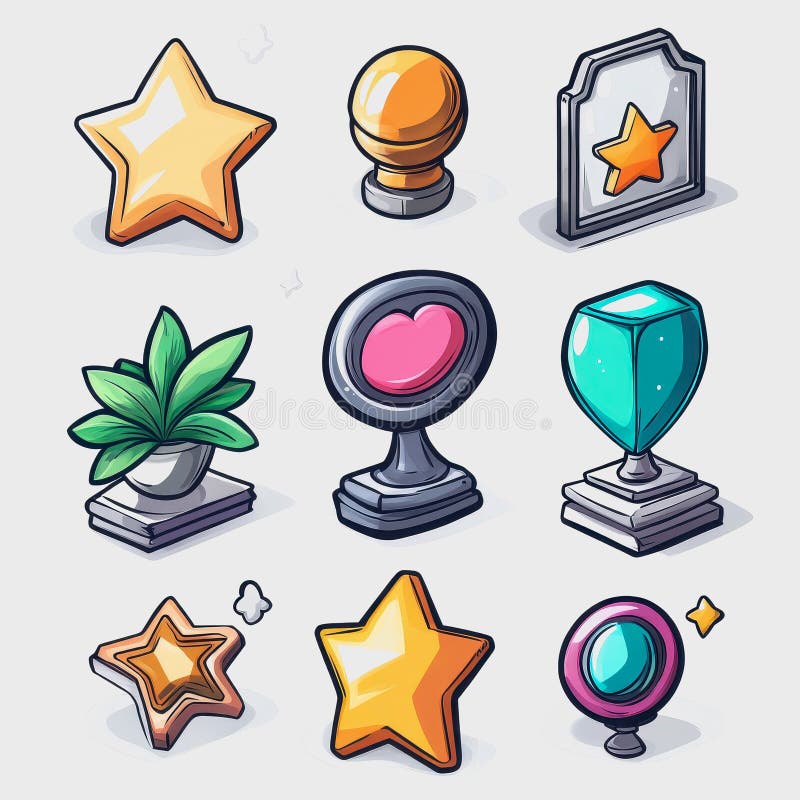 Colorful Illustrations of Awards, Trophies, and Decorative Elements in a Whimsical Style ...