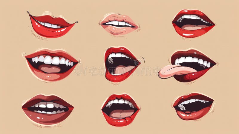 Collection of Vibrant Red Lips Expressing Various Emotions and Actions ...
