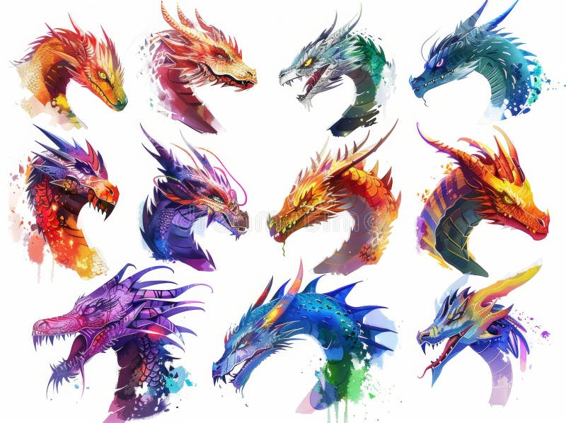 Colorful Illustrations of a Dragon Head in a Variety of Colors Stock ...