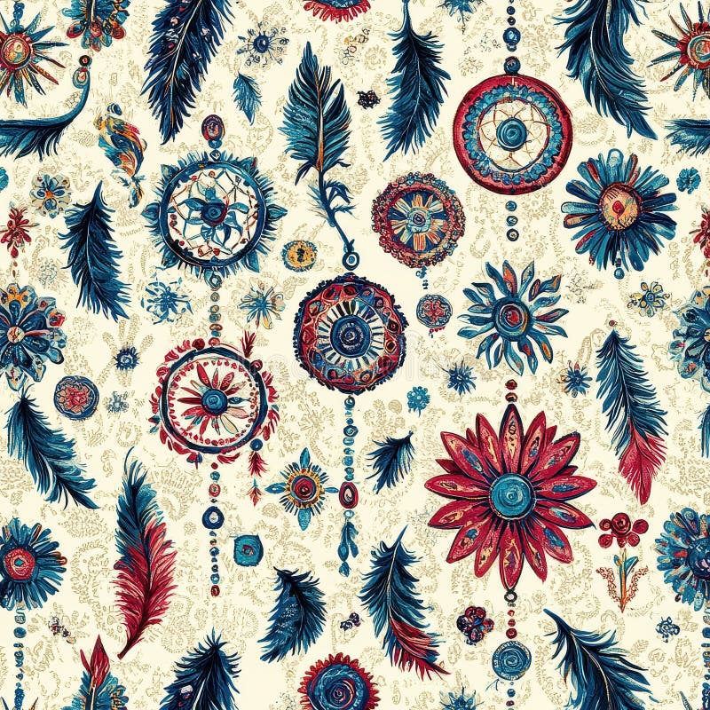 Colorful Illustrative Pattern with Floral and Feather Designs Stock ...