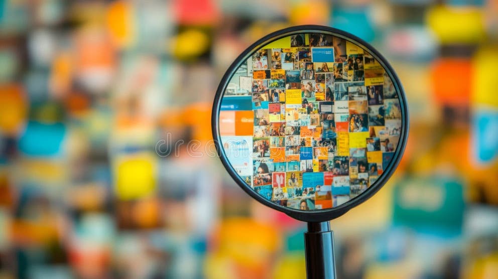 Colorful Image Collage Viewed through Magnifying Glass Stock ...