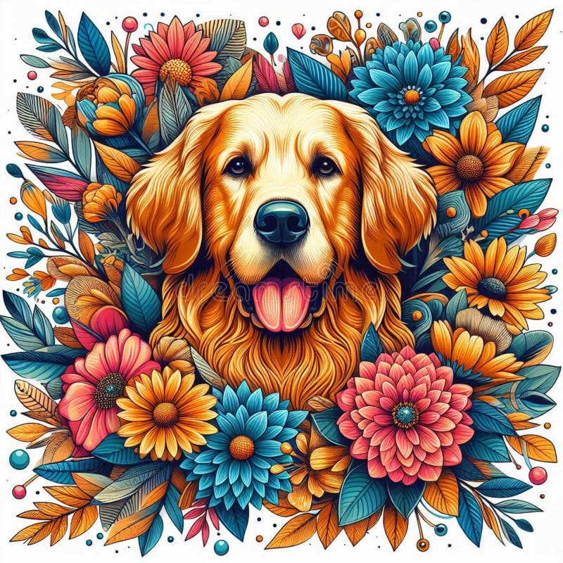 Colorful Image of Pattern Design Using Golden Retriever Dog and Flowers ...
