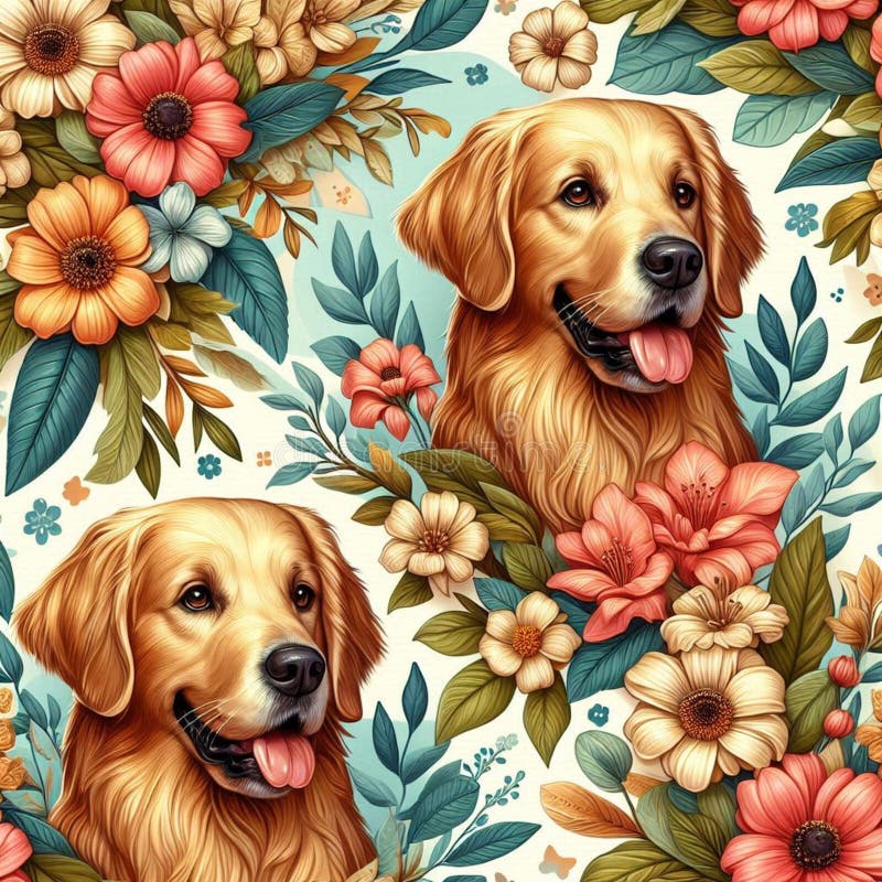 Colorful Image of Pattern Design Using Golden Retriever Dog and Flowers ...