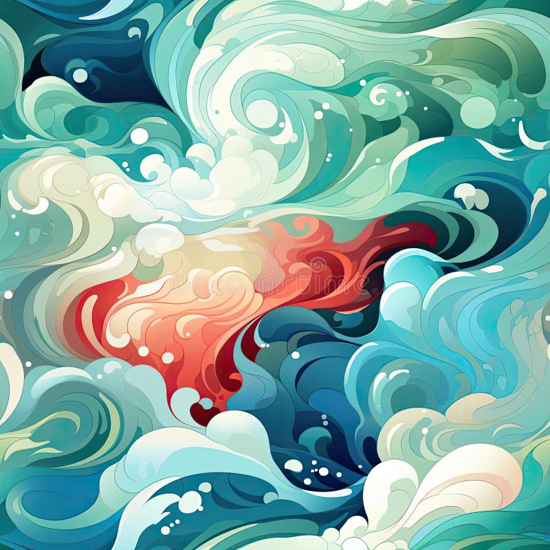 Colorful and Imaginative Ocean Illustration with Detailed Waves (tiled ...