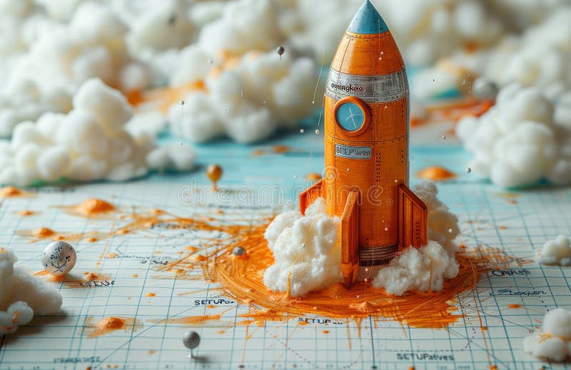 Creative Craft Rocket Launch with Clouds on a World Map for Educational ...