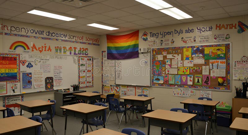 Colorful Inclusive Classroom with Rainbow Decor and Student Artwork ...