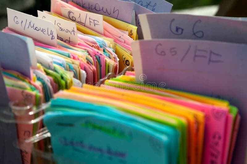 A Colorful Index Card Organized in Rows and Stored in Boxes Stock Photo ...