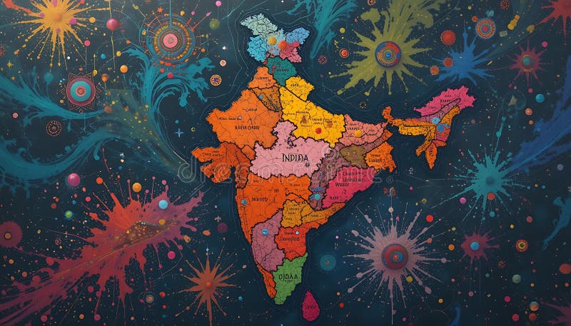 Colorful India Map Art with Abstract Splashes and Ornate Details Stock ...
