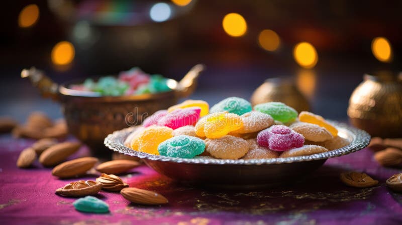 Colorful Indian Candies and Almonds in a Bowl on the Table, AI Stock ...