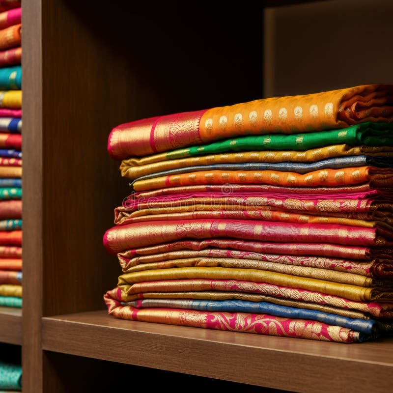 Colorful Bangladeshi Silk Sarees Stacked on Shelf. AI-Generated Stock ...