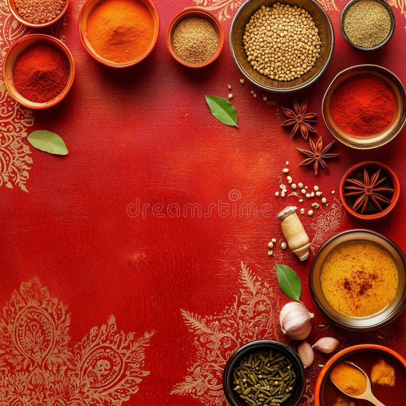Colorful Indian Spices Arranged on Red Background with Ornamental ...