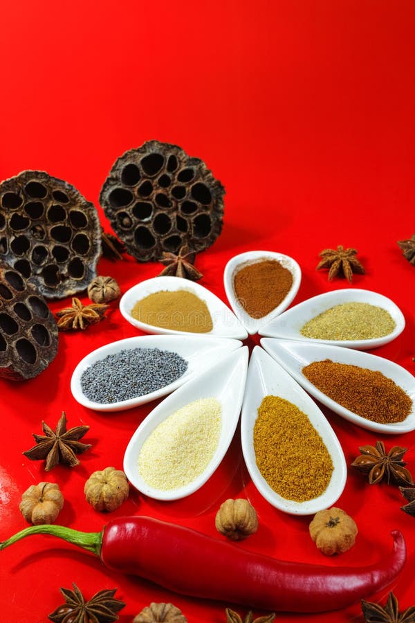 Colorful Indian Spices on Red Background Stock Photo - Image of organic ...
