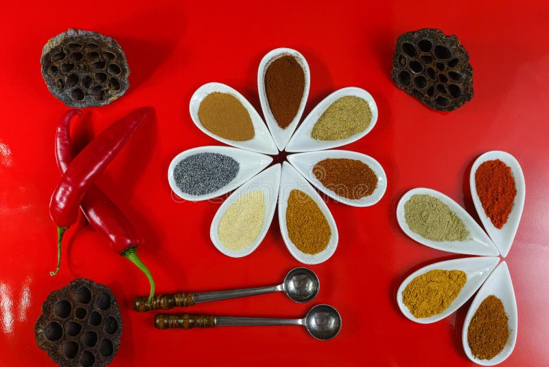 Colorful Indian Spices on Red Background Stock Image - Image of cuisine ...