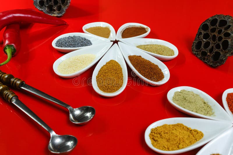 Colorful Indian Spices on Red Background Stock Photo - Image of ...