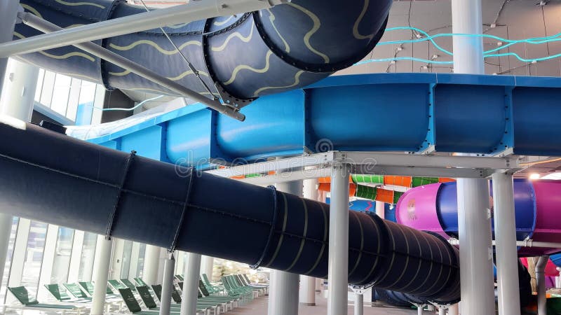 Colorful Indoor Waterpark Slides and Tubes Structure Stock Video ...