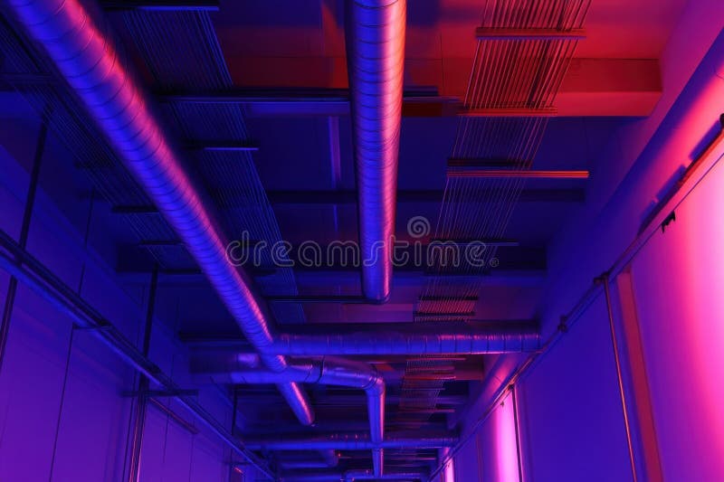Colorful Industrial Ceiling with Vibrant Lighting in Modern Interior ...